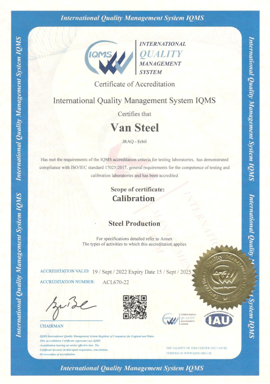 Van Steel Certificates – Van Steel Iraq