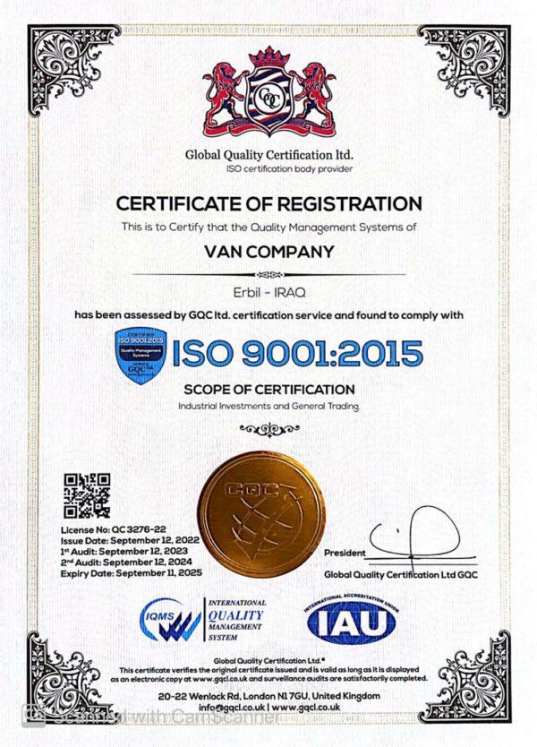 Van Steel Certificates – Van Steel Iraq